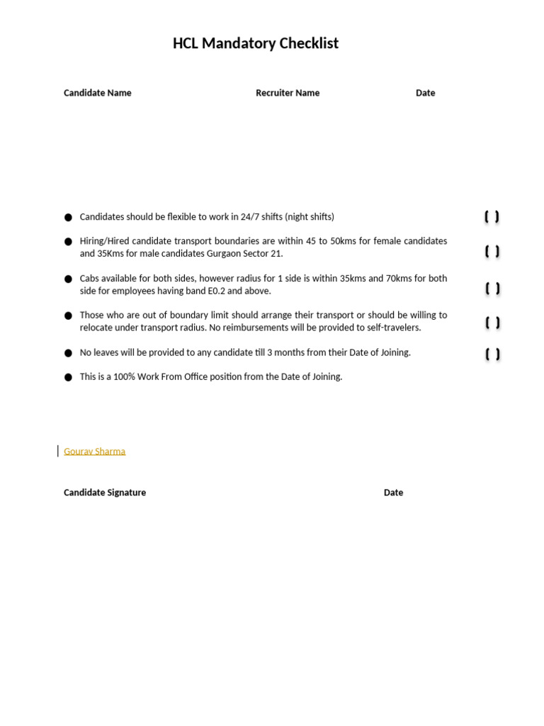 HCL Checklist Gurgaon | PDF