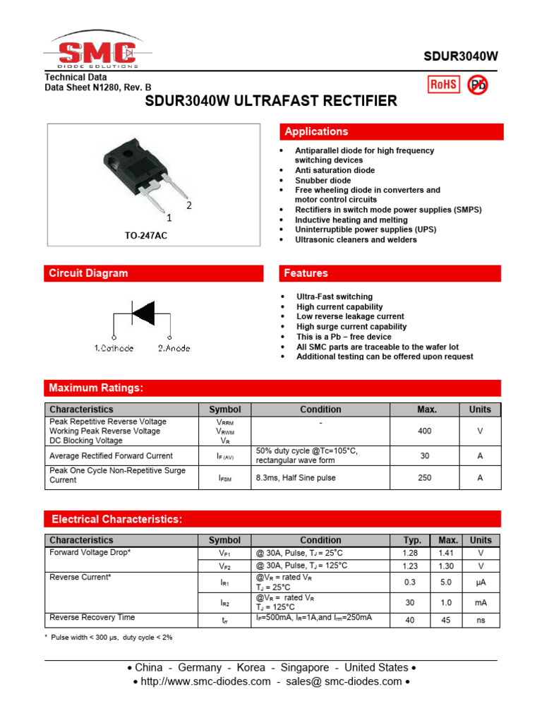 Sdur3040w - Alternativa - Rurg3040 | PDF | Diode | Rectifier