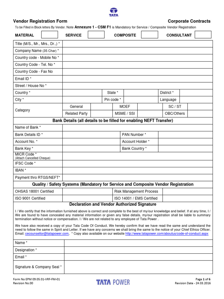 Tata Power Vendor Registration Form | PDF | Conflict Of Interest