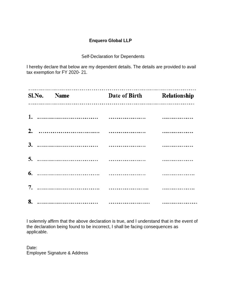 Self Declaration - Dependents | PDF