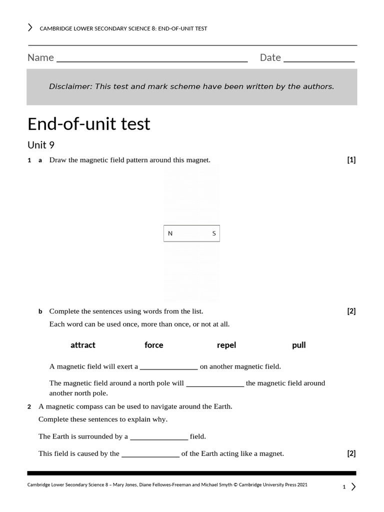 Cambridge Lower Secondary Science 8 Test | PDF | Magnetic Field | Magnetism