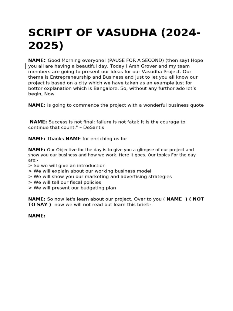 SCRIPT OF VASUDHA (2024-2025) | PDF