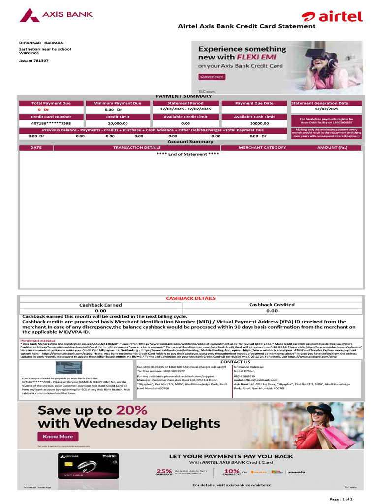 Axis Bank Credit Card Statement Guide | PDF | Credit Card | Payments