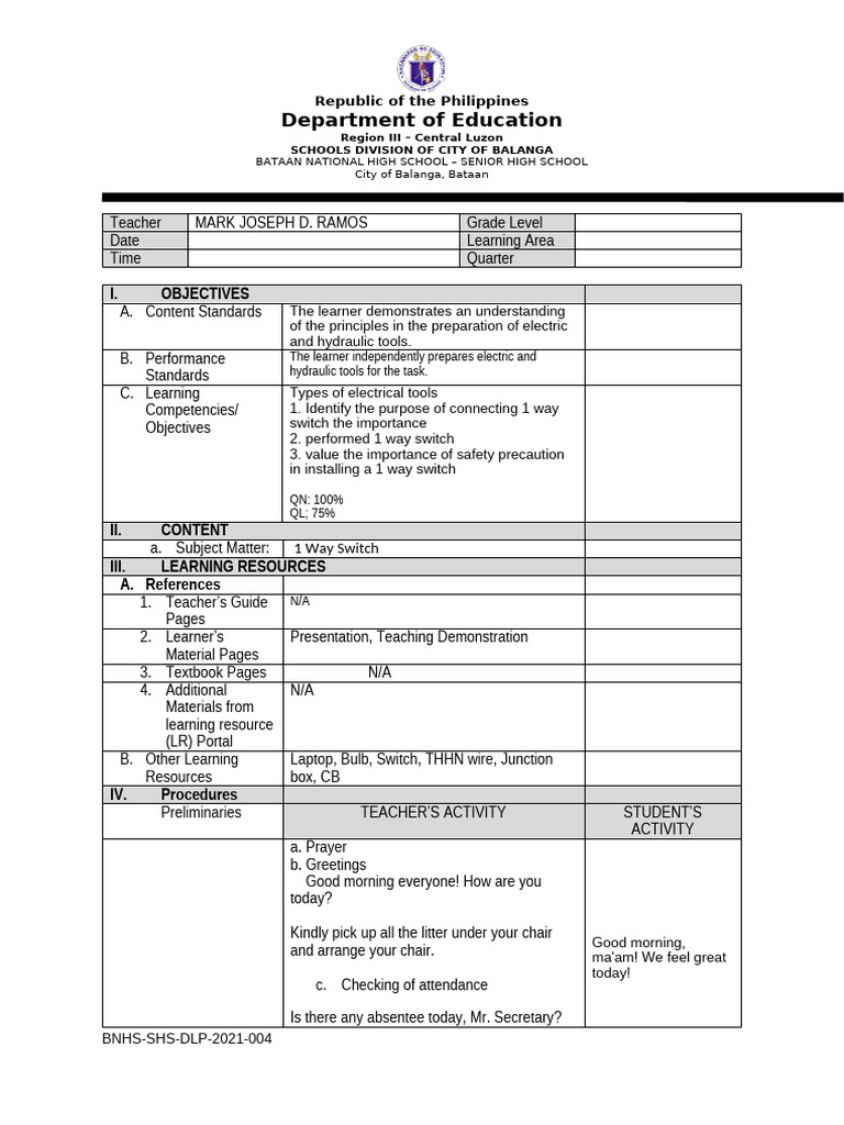 One Way Switch Wiring Lesson Plan | PDF | Switch | Learning