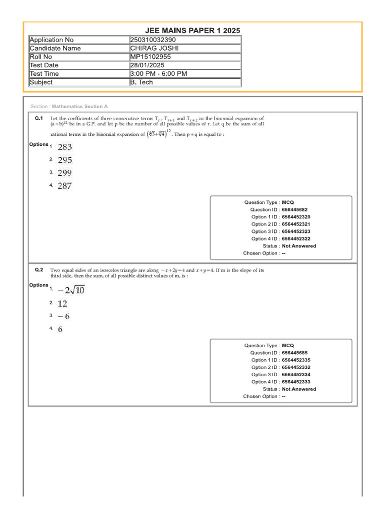 JEE Mains Paper 1 2025 | PDF