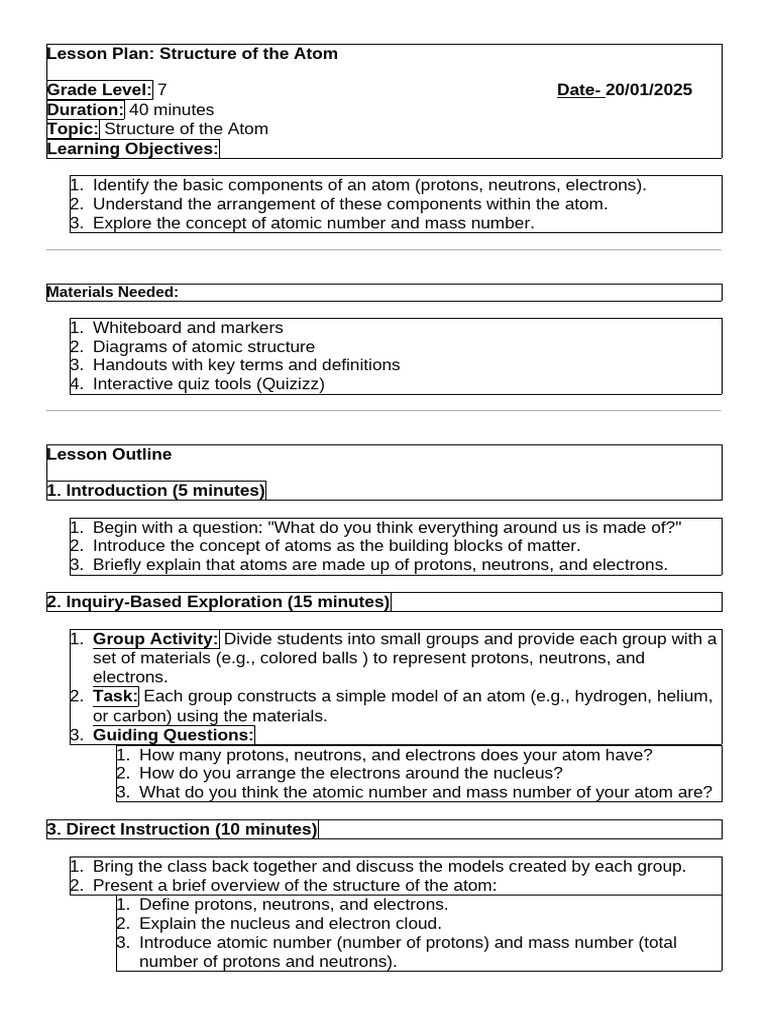 Lesson Plan LS-2 - 20 Jan | PDF | Atoms | Proton