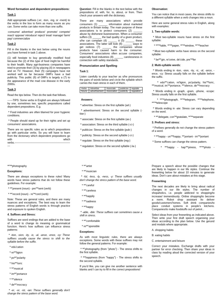 worksheet Word formation and dependent prepositions | PDF | Stress (Linguistics) | Word