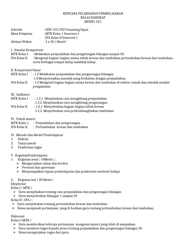 Bagi rpp pkr kelas 1 dan 2 juwanti | PDF