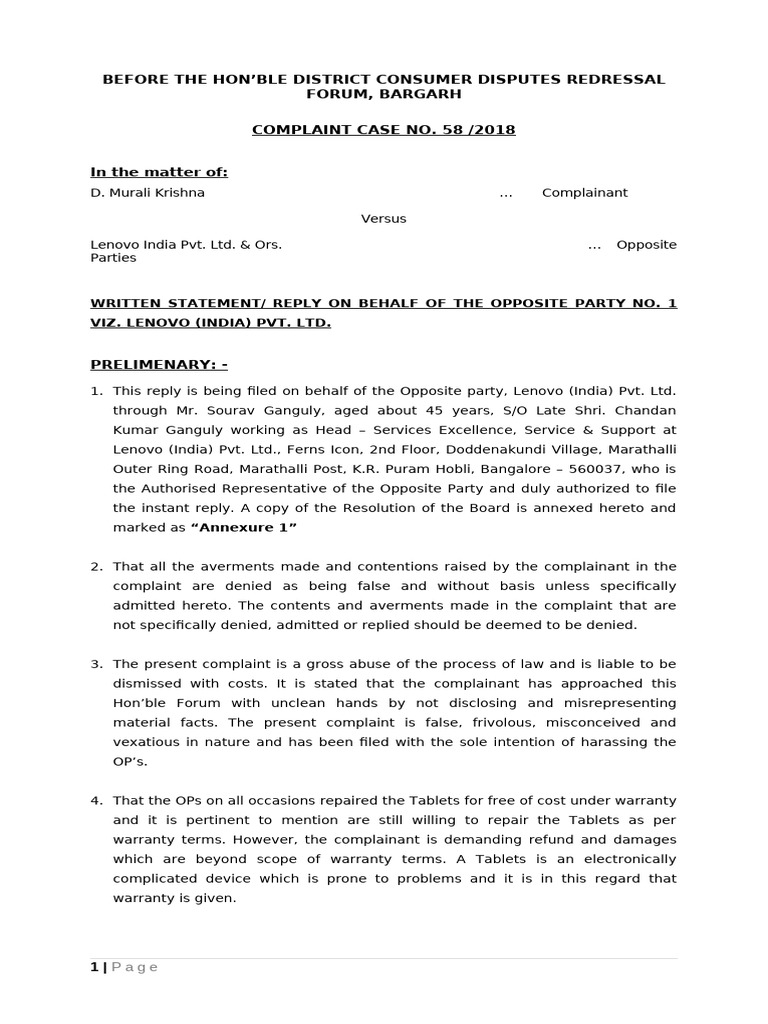 Written Statement - D. Murali Krishna | PDF | Complaint | Customer Relationship Management