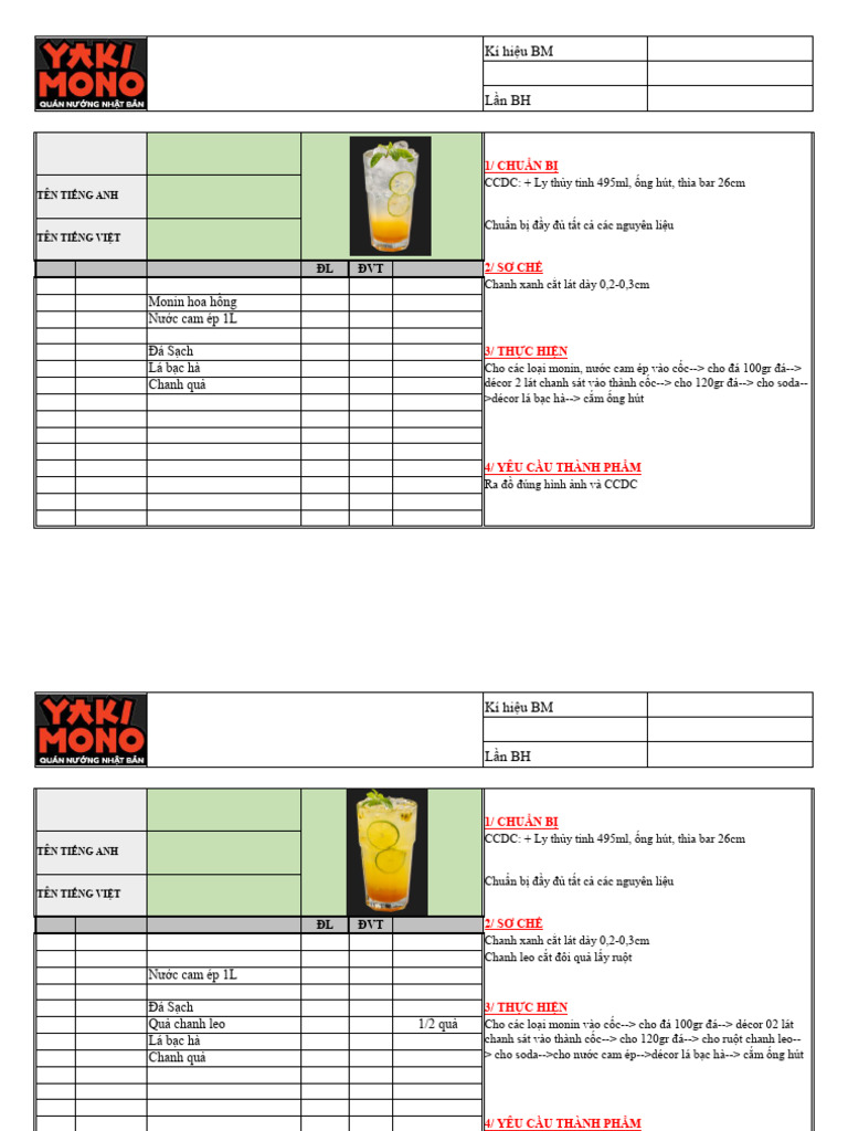 Chart pha chế Yakimono Times City | PDF