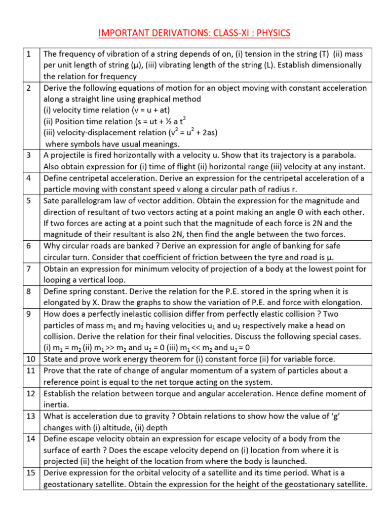 Important Derivation - 11phy - 250209 - 225959 | PDF | Force | Acceleration