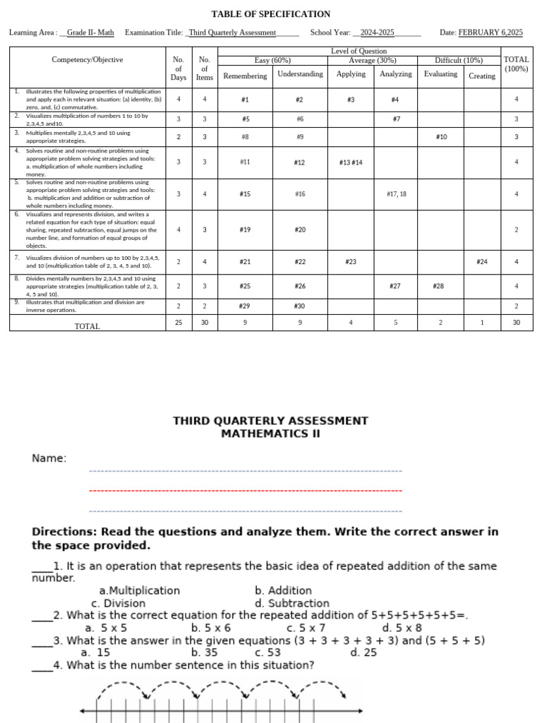 Math Grade 2 3rd Quarter Exam TOS 2 | PDF | Multiplication | Mathematics
