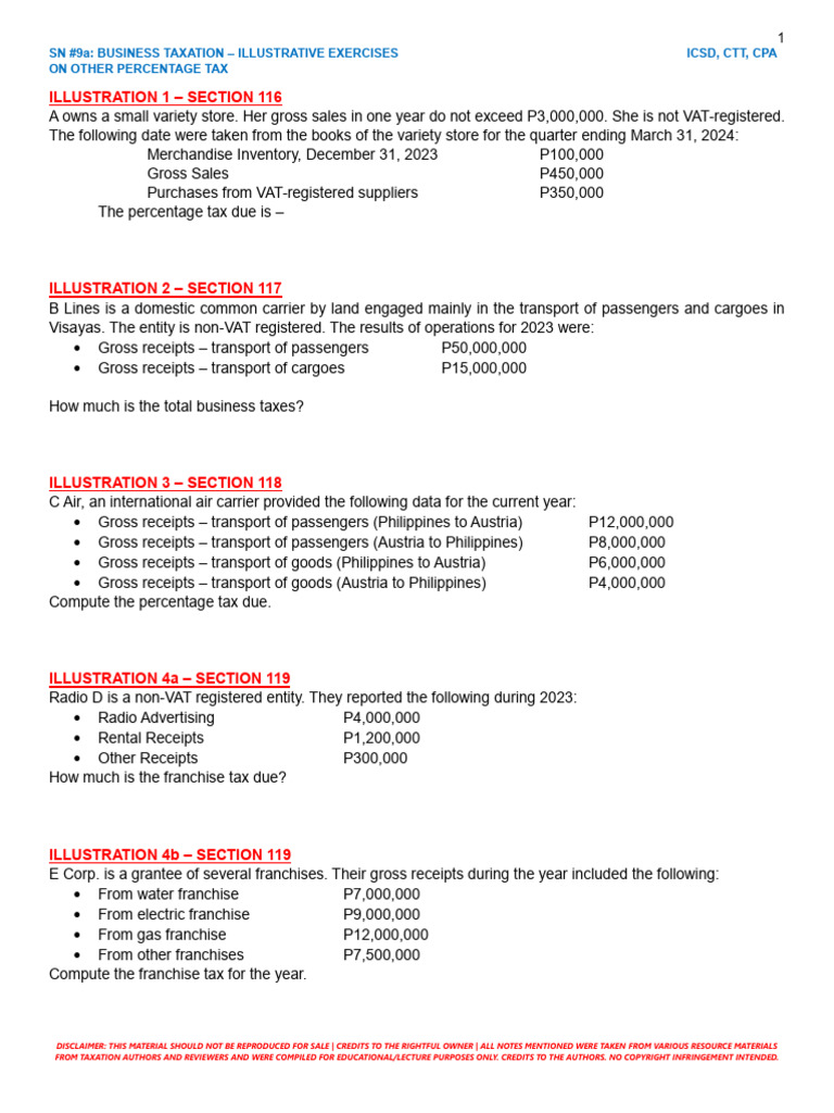 Supplemental Note #9a - Illustrative Exercises On Other Percentage Tax | PDF | Taxes | Value ...