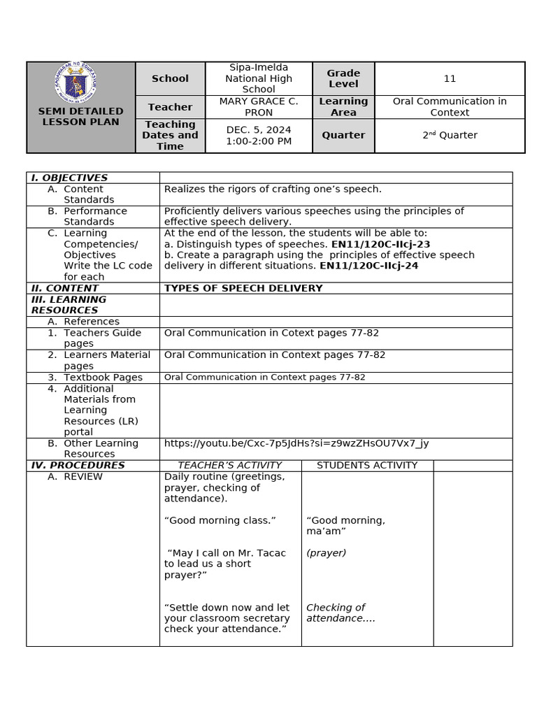 Lesson Plan in Speech Delivery | PDF | Speech | Lesson Plan