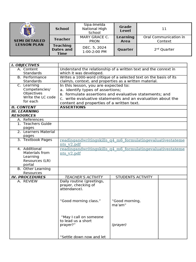 LESSON PLAN IN ASSERTION | PDF | Speech | Lesson Plan