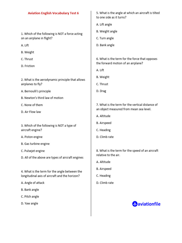 Aviation Vocabulary 6 10 Multiple Choice Questions | PDF | Aircraft ...