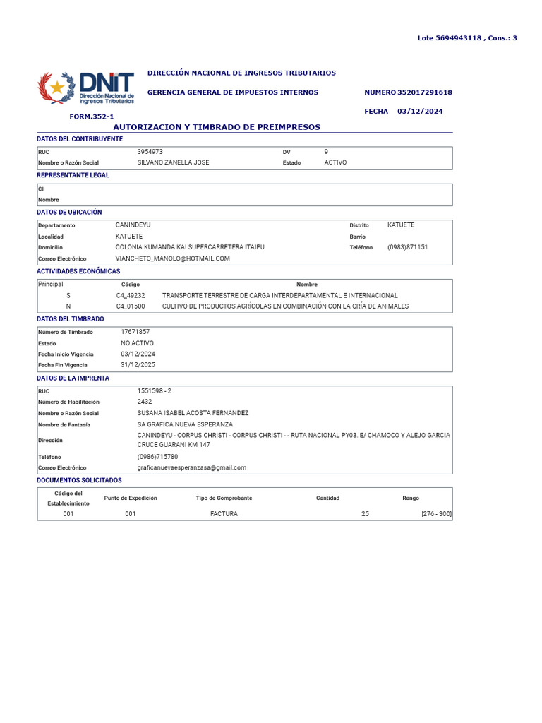 Form. 352-1 Autorizacion y Timbrado de Preimpresos 03-12-2024 | PDF
