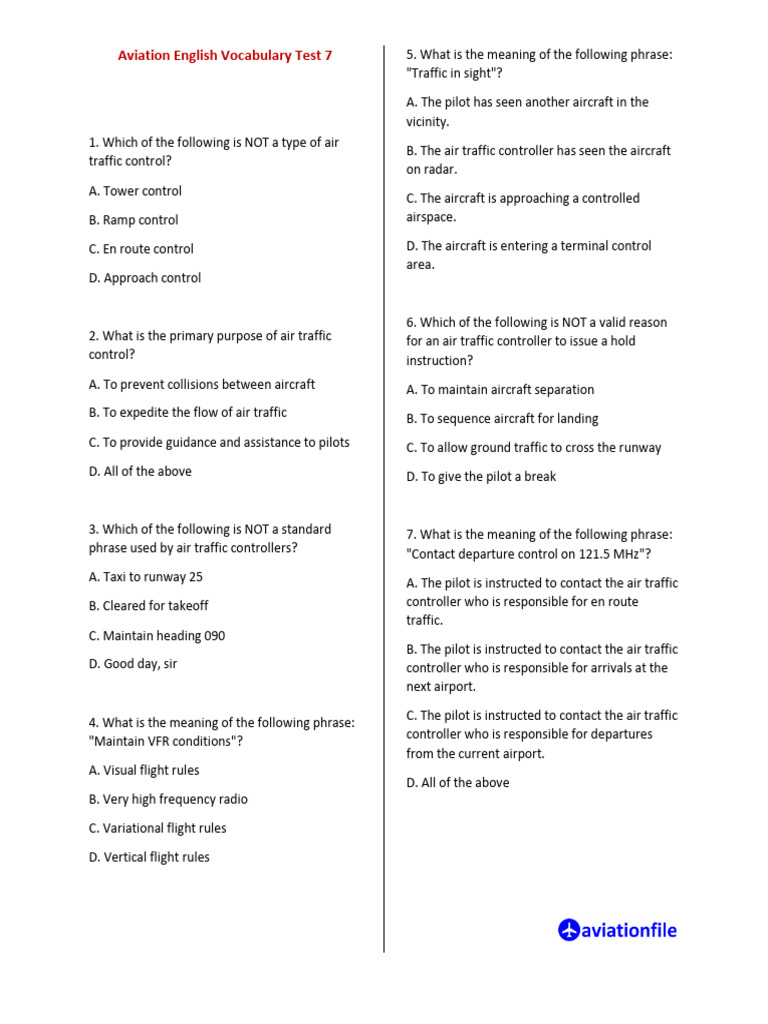 Aviation Vocabulary 7 10 Multiple Choice Questions | PDF | Air Traffic ...
