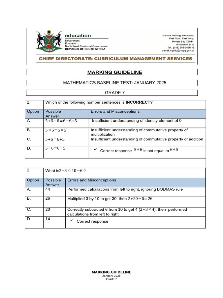 Grade 7 Math Baseline Test Guide 2025 | PDF | Multiplication | Mathematics