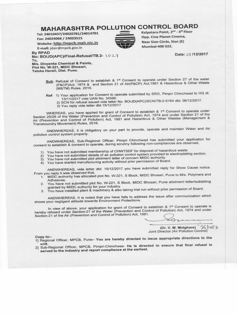 MPCB Refusal of Consent to Operate | PDF | Human Impact On The ...