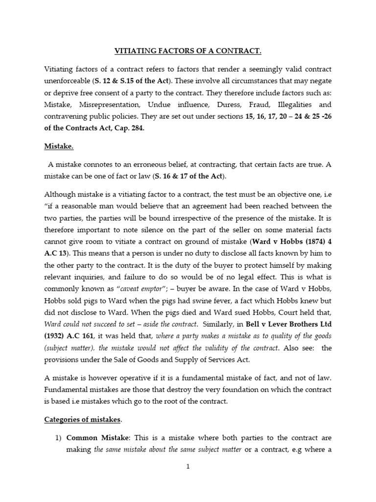 Vitiating Factors of A Contract | PDF | Misrepresentation | Legal Remedy