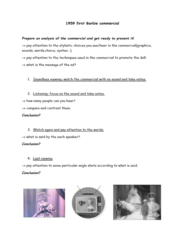 1959 First Barbie Commercial Worksheet | PDF