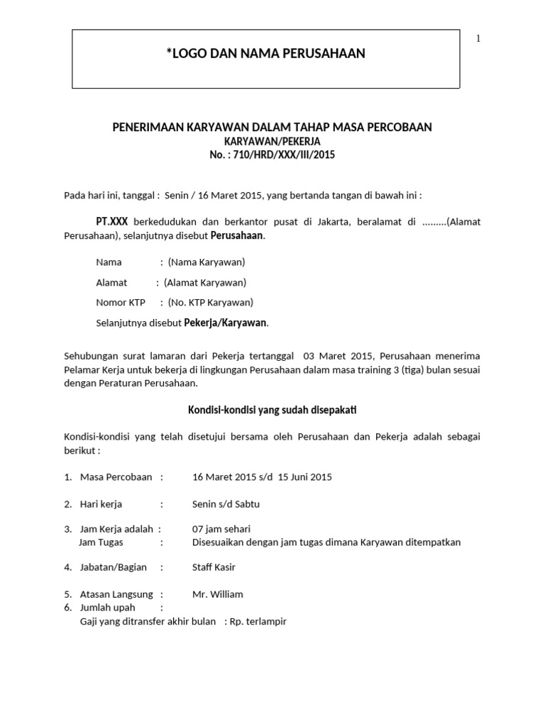 Contoh Kontrak Masa Percobaan (Training) | PDF