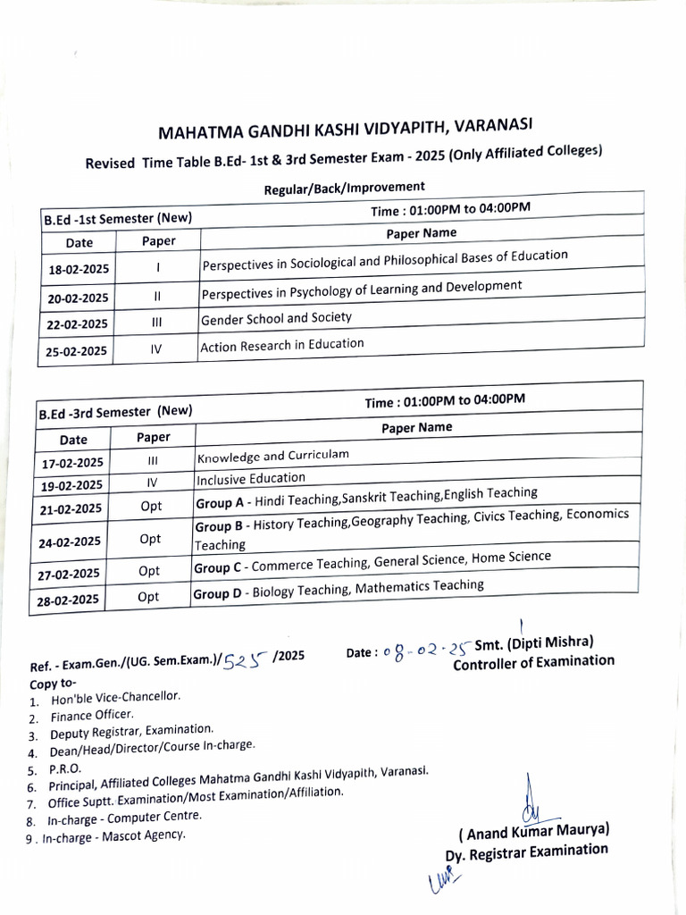 B.Ed 1st & 3rd Sem Revised Time Table | PDF | Science