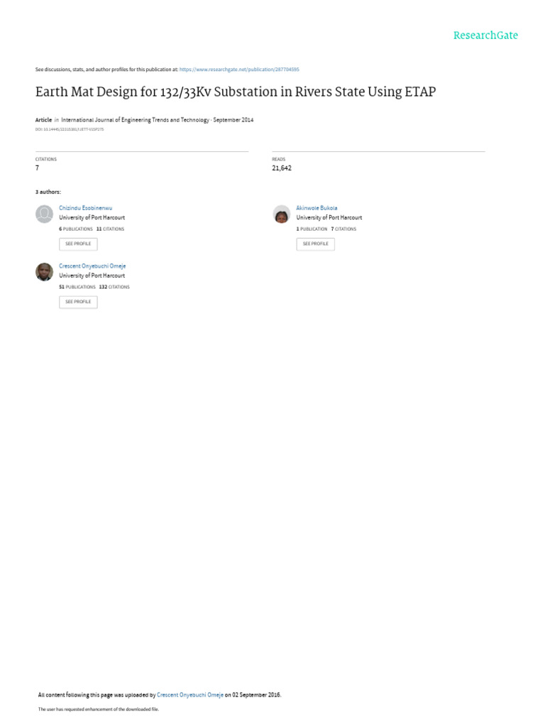 Earth Mat Design For 132/33Kv Substation in Rivers State Using ETAP ...