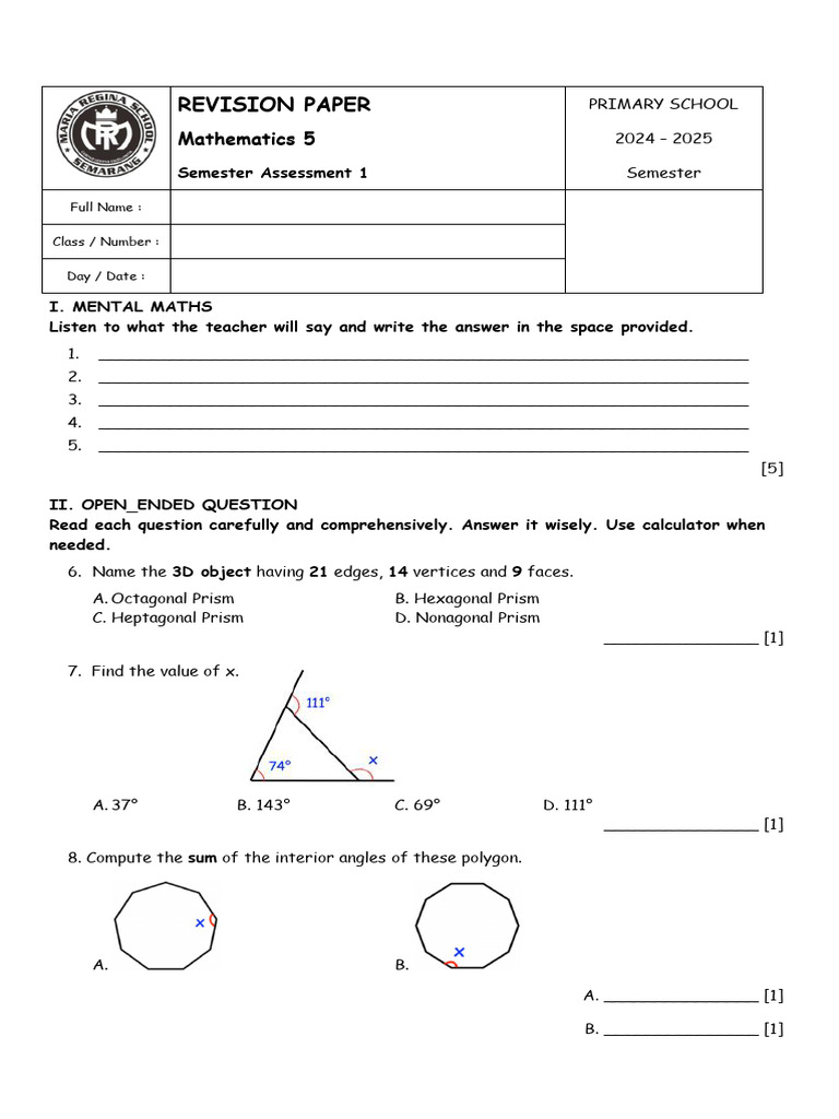 Revision Paper P5 Sa-1 - Checked | PDF | Area | Triangle