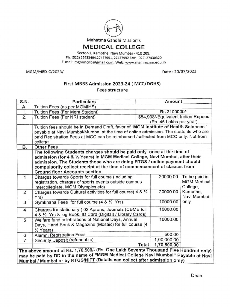 1st MBBS Fee Structure & Hostel & Mess Fees-2023-24 | PDF
