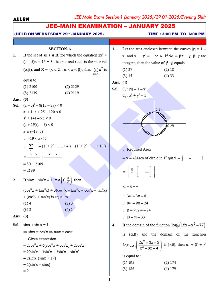 29 Jan Shift 2 Mathematics Sol | PDF | Triangle | Area