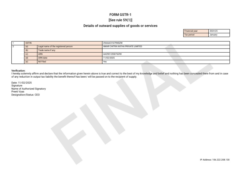 GSTR1 29aaaci1679n5zw 012025 | PDF