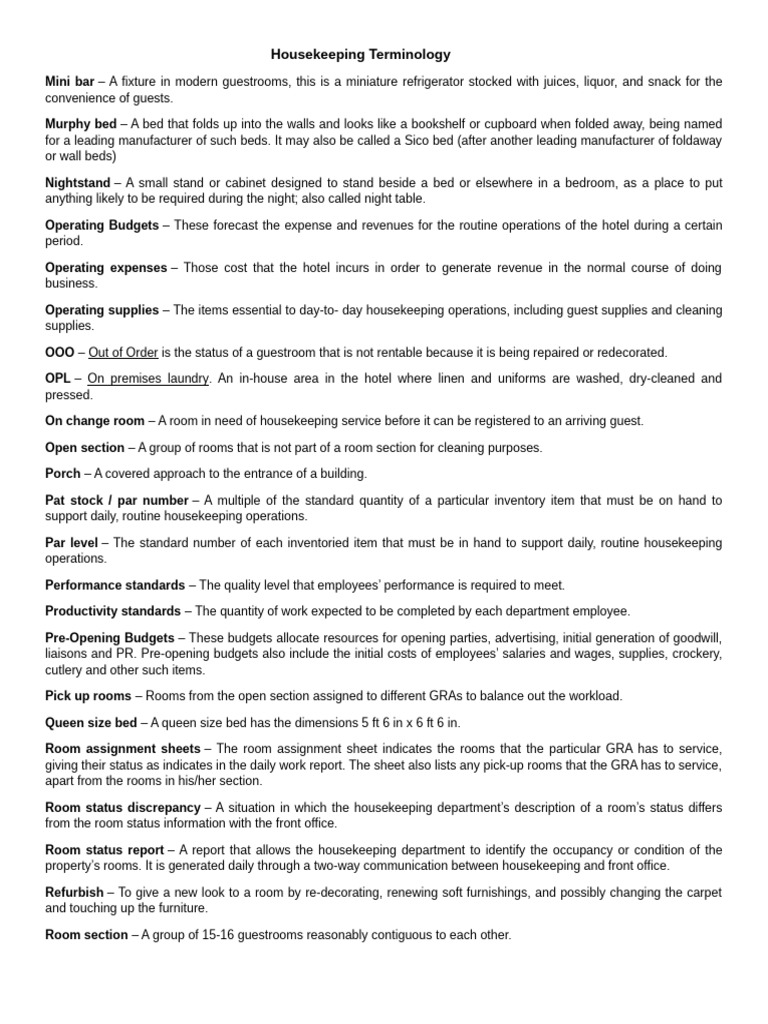 Housekeeping Terminology Guide | PDF | Housekeeping | Hotel