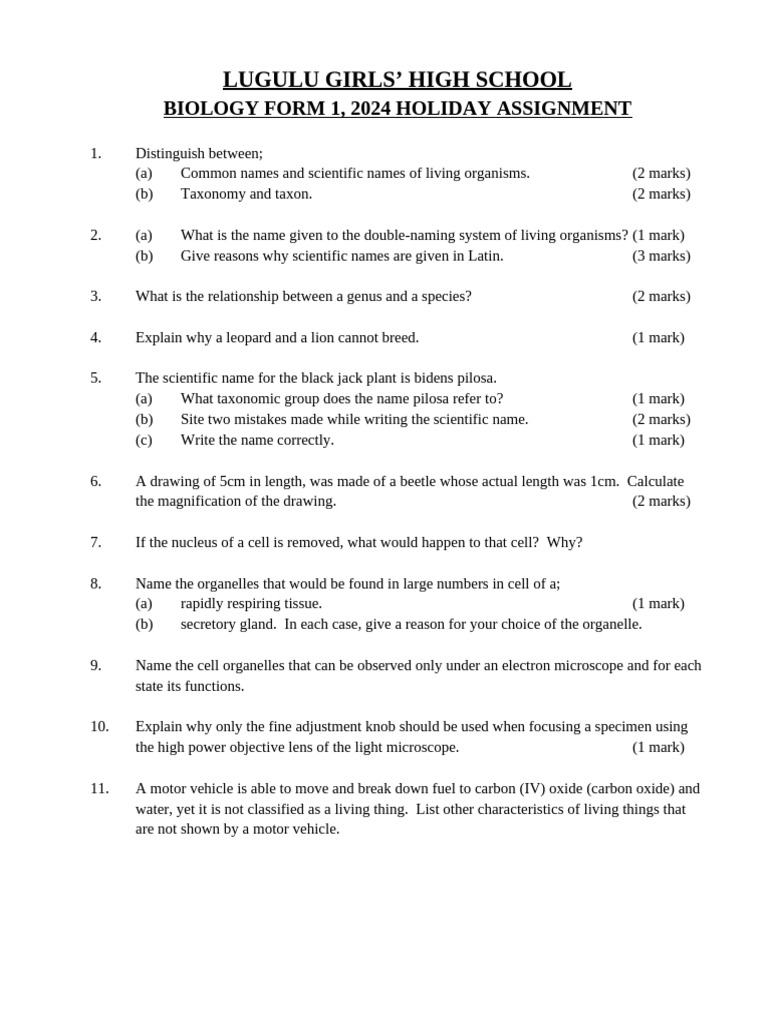 April 2024 Holiday Assignment Biology f4 and f1 | PDF | Vertebral Column | Cell (Biology)