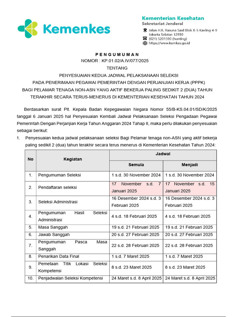 Pengumuman Penyesuaian Kedua Jadwal Seleksi PPPK Tahap II | PDF