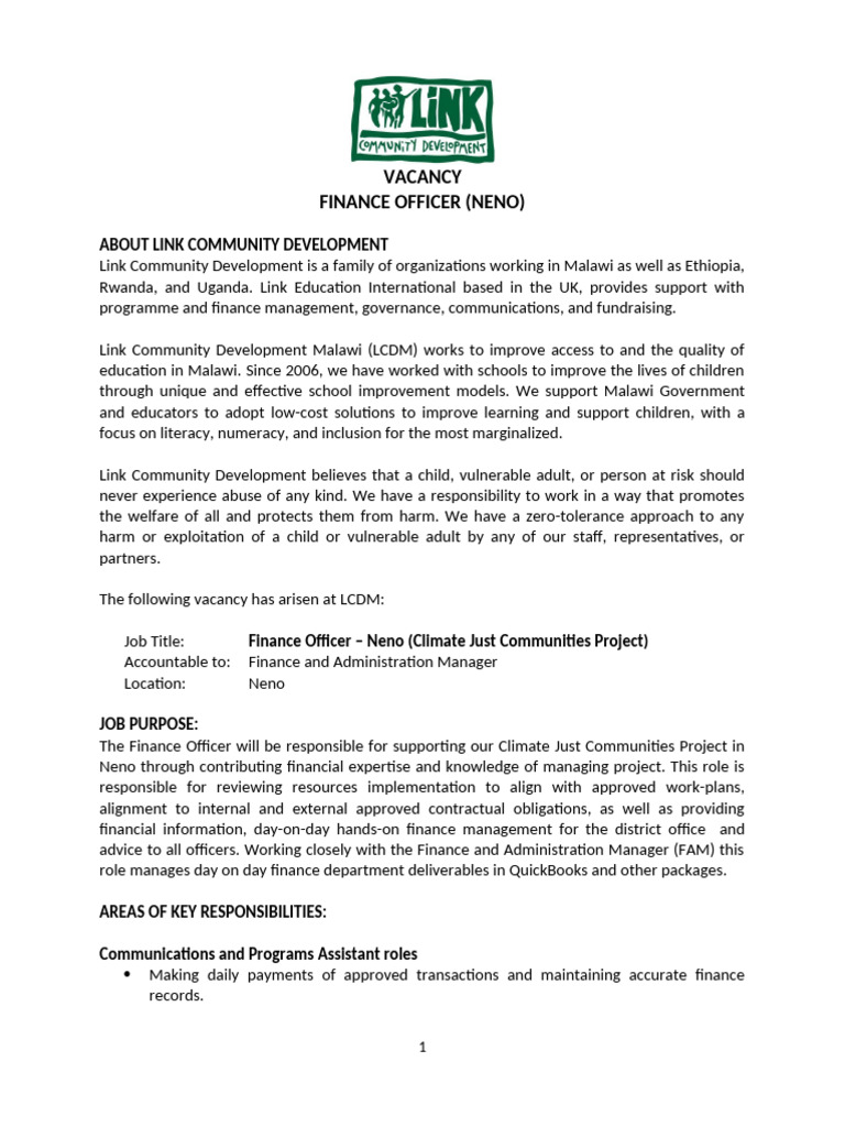 Vacancy Full Details LCDM Finance Officer Neno | PDF | Expense | Budget