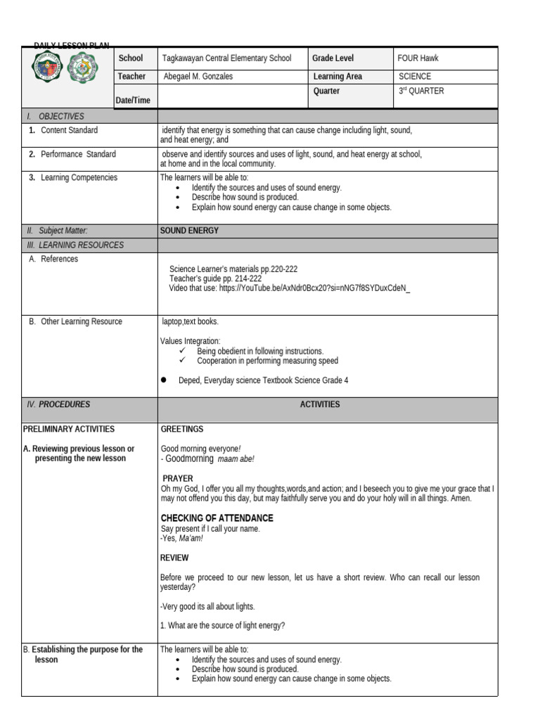 DLP-Science4 SOUNDS ENERGY .docxHAWK | PDF | Sound | Learning