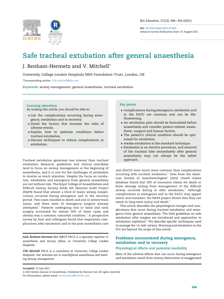 Safe tracheal extubation after general anesthesia | PDF | Anesthesia | Clinical Medicine