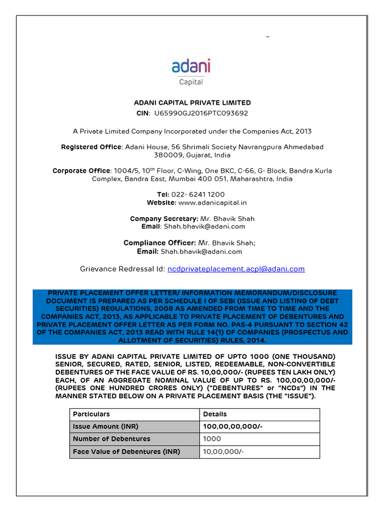 Compliance Officer: Email:: Private Placement Offer Letter Private ...
