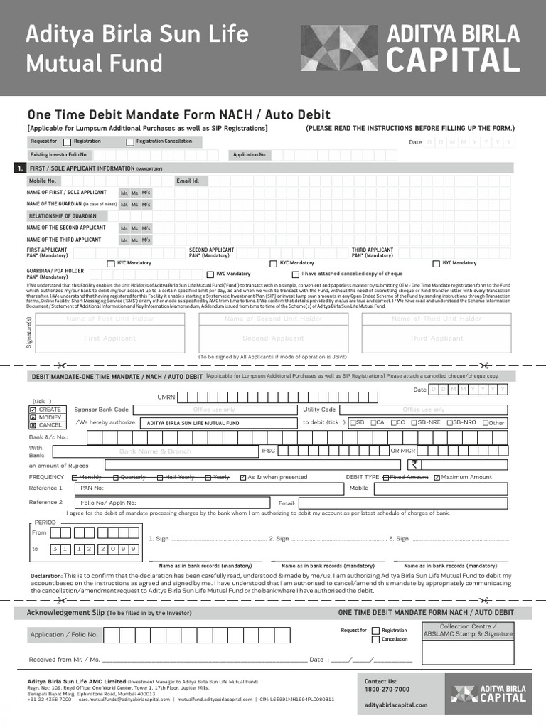 One Time Debit Mandate Form-NACH-ECS-DIRECT DEBIT 061123 | PDF | Cheque | Debit Card