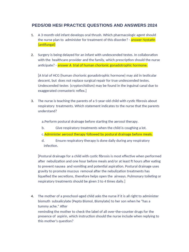 PEDS/OB HESI Practice Questions 2024 | PDF | Infants | Diseases And ...