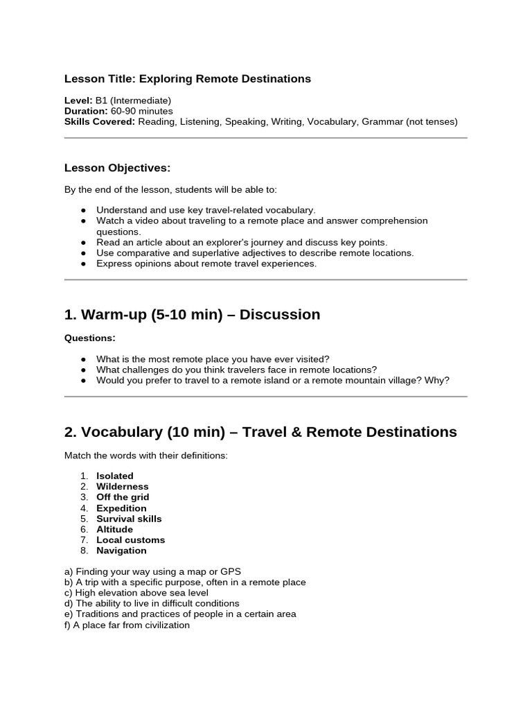 Lesson Title - Exploring Remote Destinations | PDF | Vocabulary ...