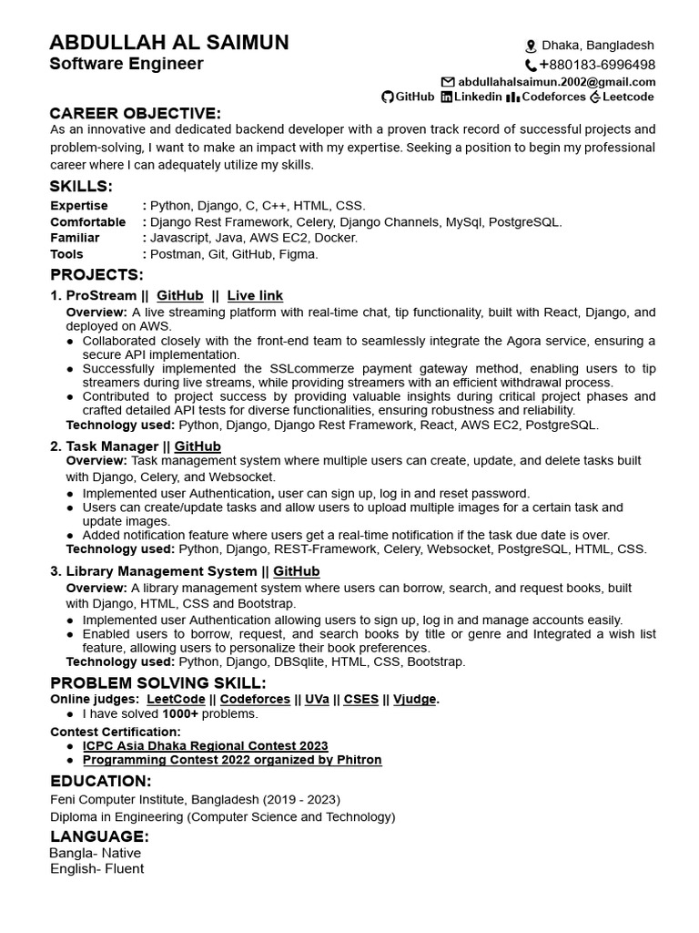 Abdullah Al Saimun Resume | PDF | Postgre Sql | Python (Programming Language)