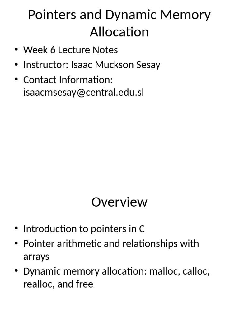Week 6 Pointers and Dynamic Memory Allocation Lecture | PDF