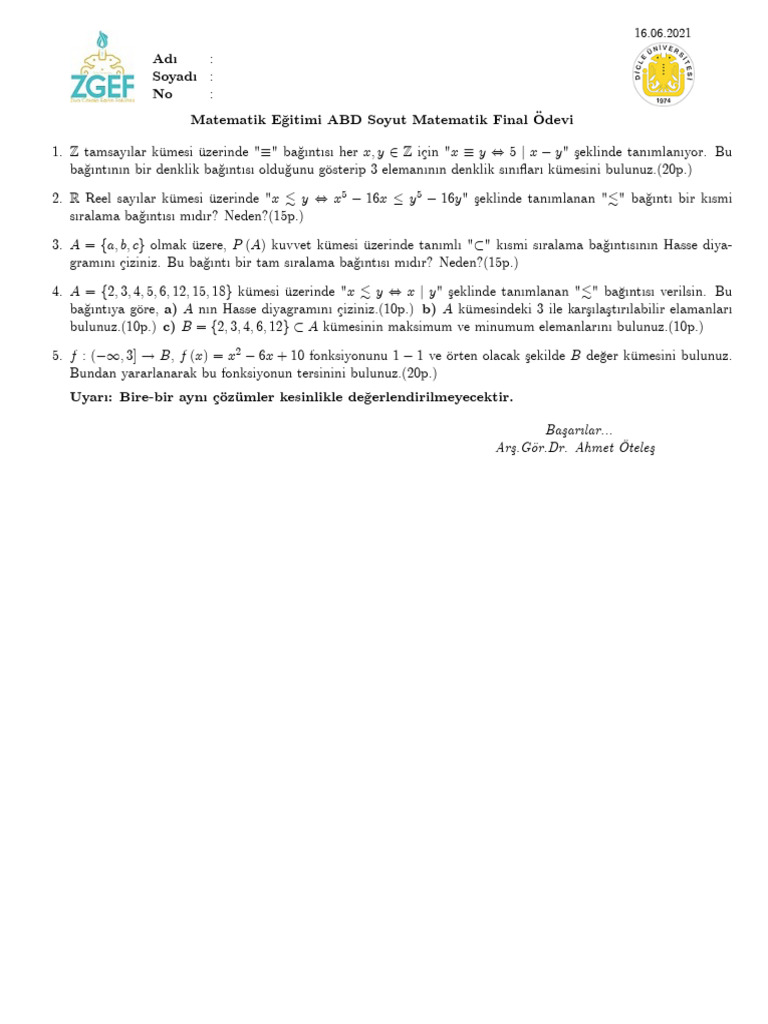 Soyut Matematik Final Sinav Sorulari | PDF