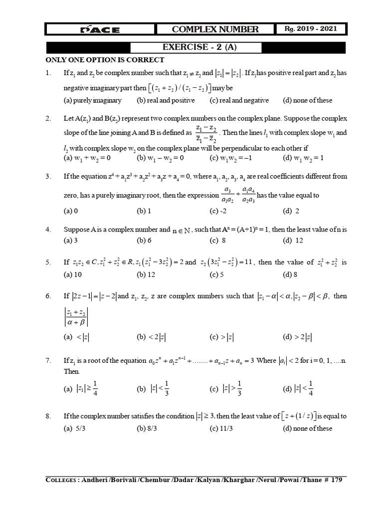 Complex Numbers MCQ Exercise | PDF | Circle | Mathematical Concepts