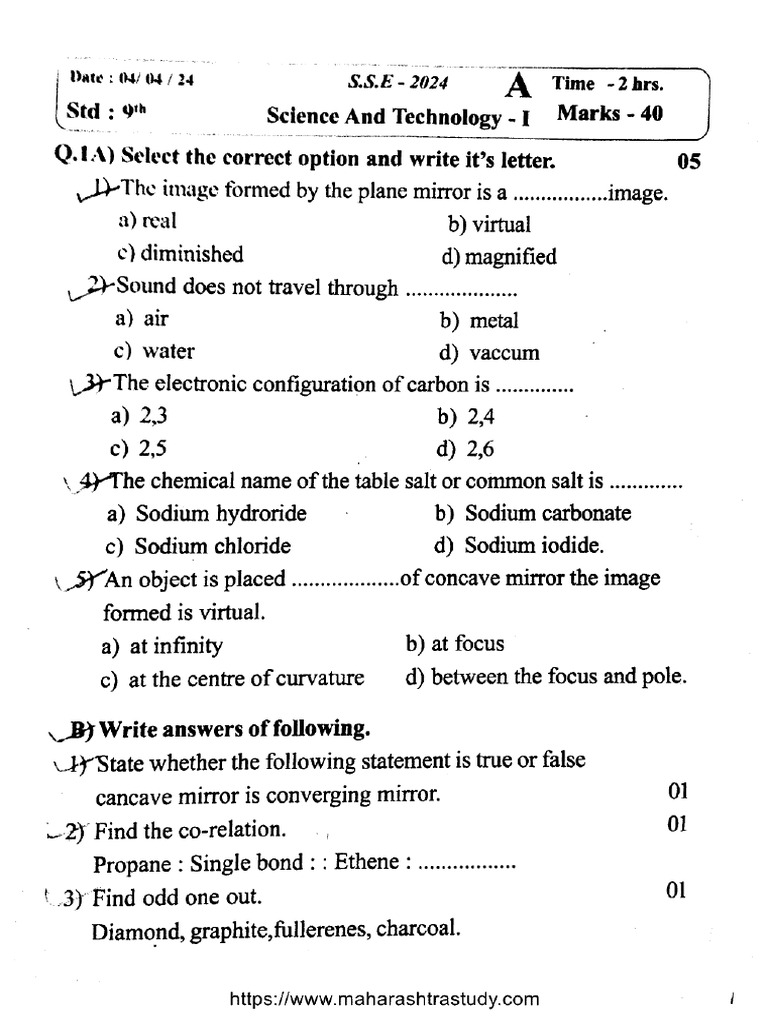 MH Board Class 9 2 Sem Science and Technology 1 Set A 270924 Apr 2024 | PDF