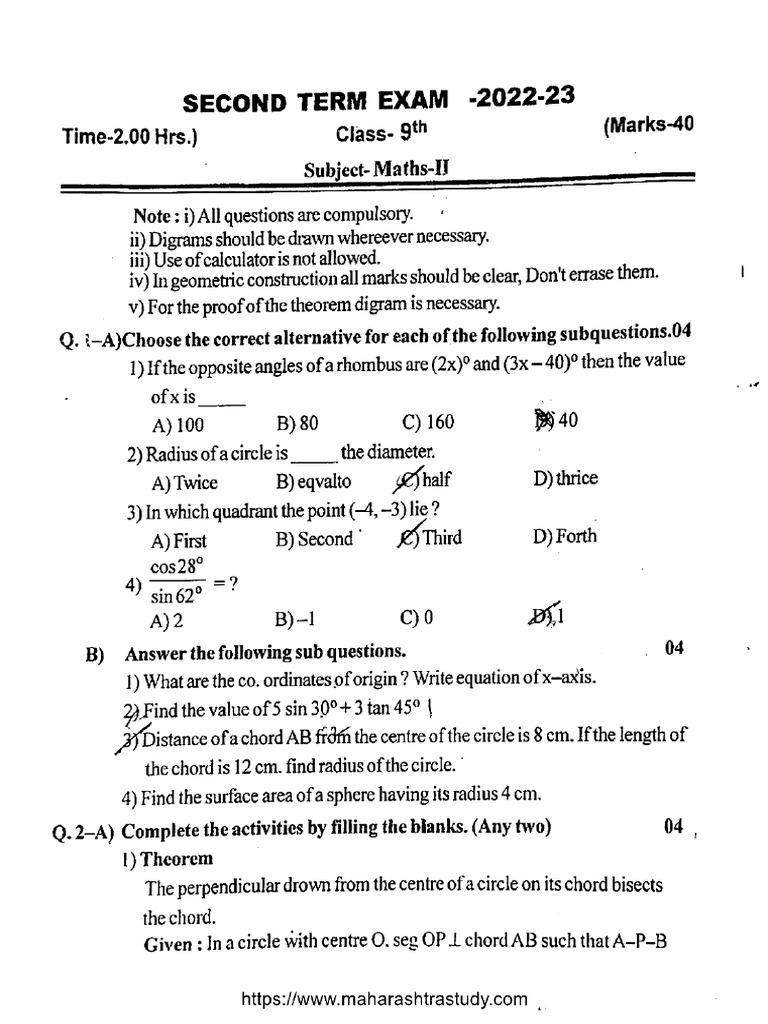 MH Board Class 9 2 Term Mathematics 2 261123 2023 | PDF