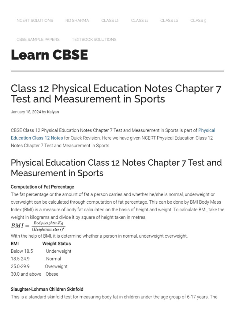 CBSE Class 12 Sports Measurement | PDF | Body Mass Index | Physical Fitness
